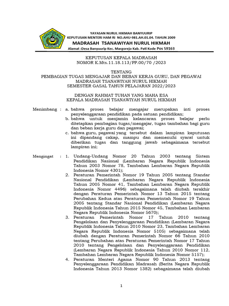 SK Pembagian Tugas Mengajar | PDF