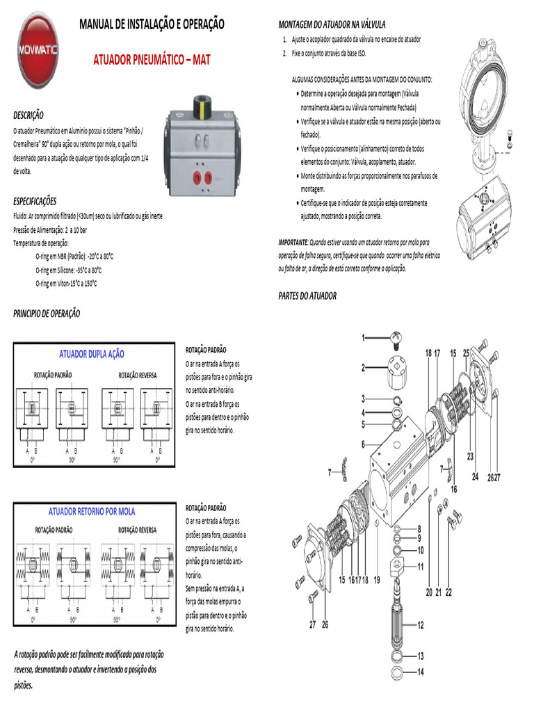 Manual Instalacao Operacao Atuador Pneumatico para Valvulas ON OFF MAT | PDF | Válvula | Equipamento