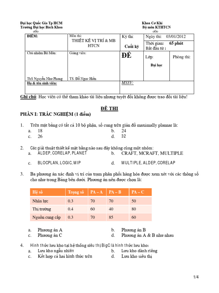 Dap an Thiet ke vi tri mat bang & HTCN Thi HK111 | PDF
