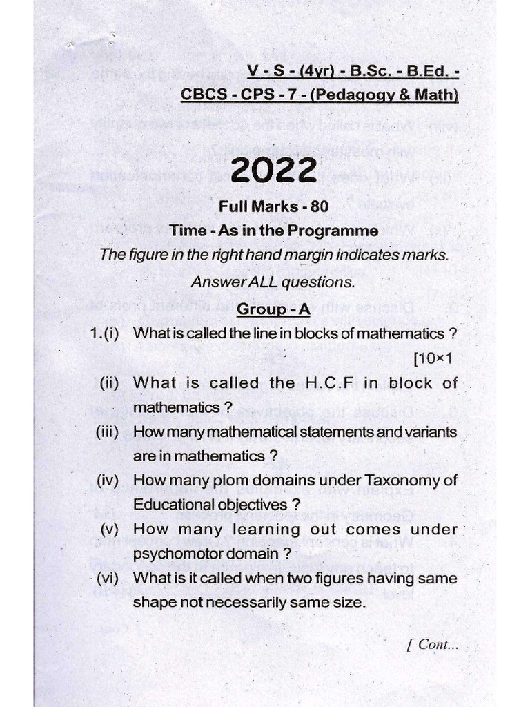V-S - (4yr) - BSC-BED-CBCS-CPS-7 - (Pedagogy & Math) - 2022 | PDF