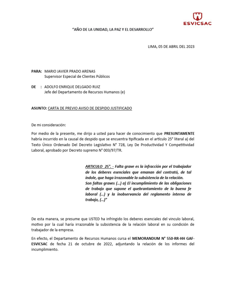 Descargo De Carta De Pre Aviso De Despido Garcia Escobedo Pdfcoffee Com ...