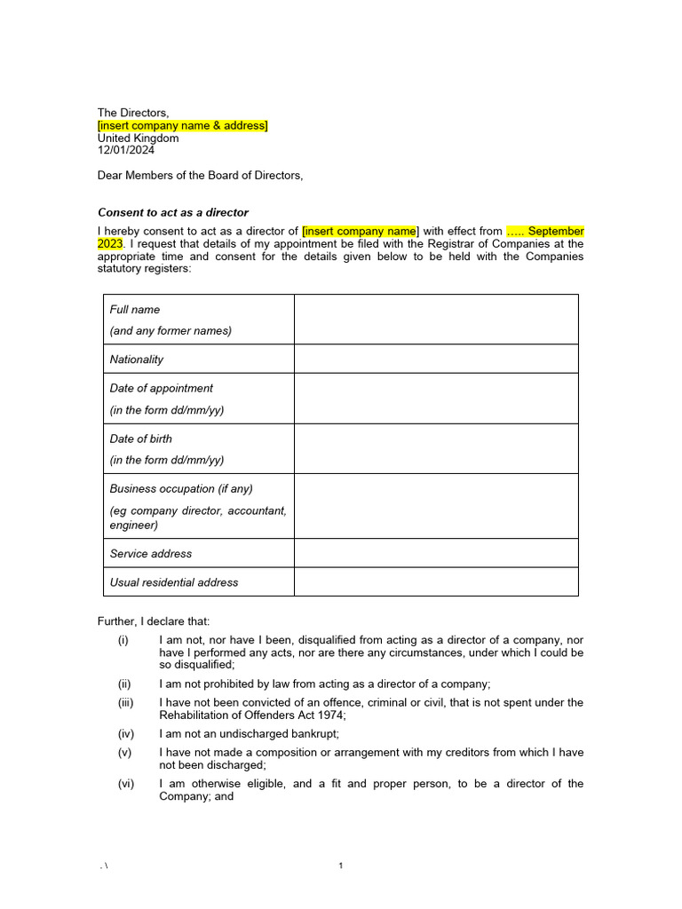 Director Consent and Declaration Form | PDF