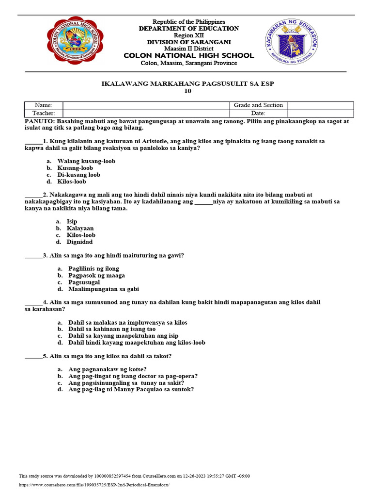 ESP 2nd Periodical Exam | PDF