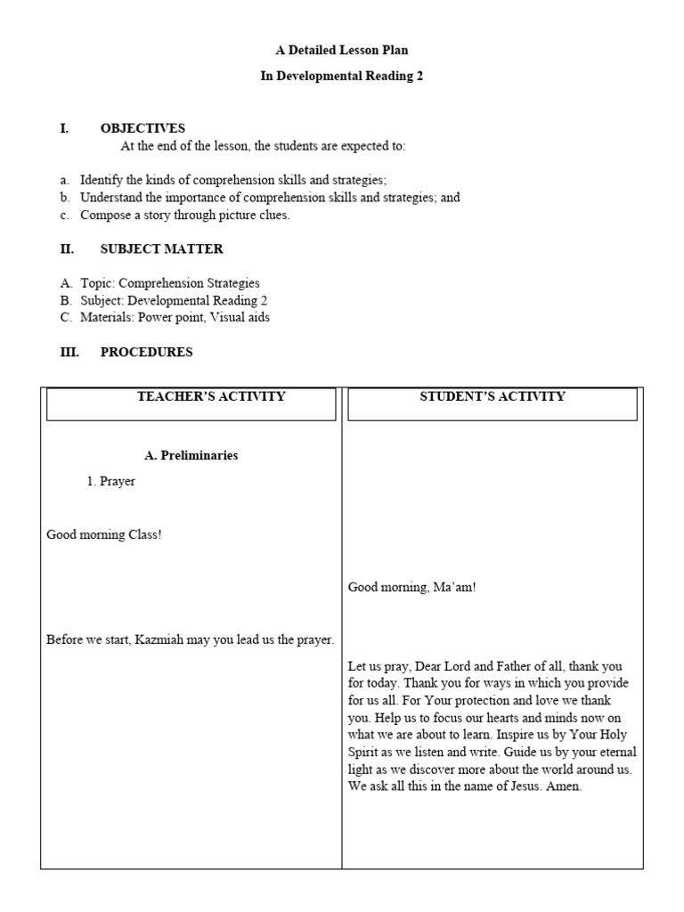 A Detailed Lesson Plan Dev. Reading | PDF | Reading Comprehension | Behavior Modification