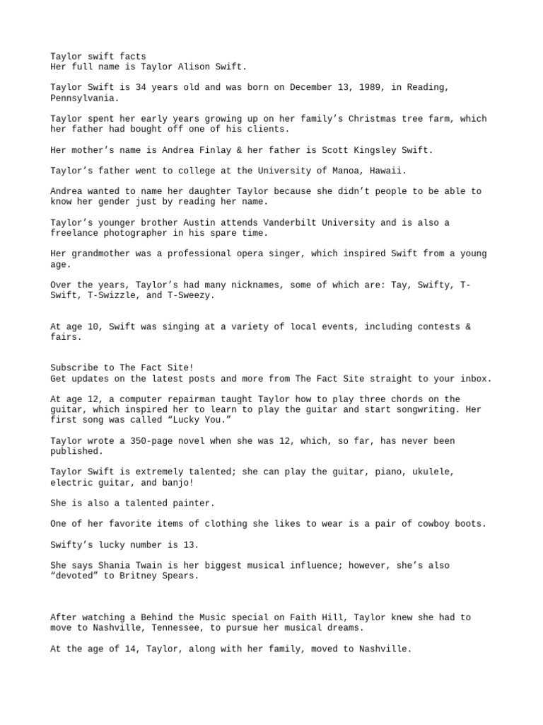 Taylor Swift Facts | PDF | Taylor Swift | Pop Music
