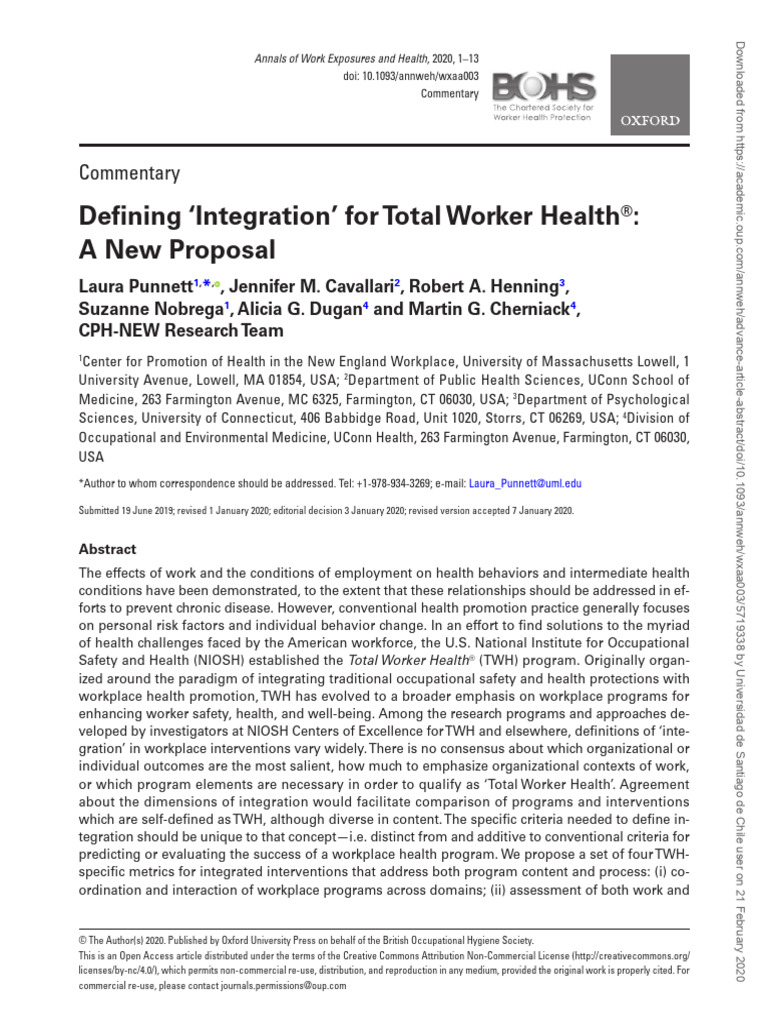 Punnett. 2020. Defining ‘Integration’ for Total Worker Health® A New Proposal | PDF ...