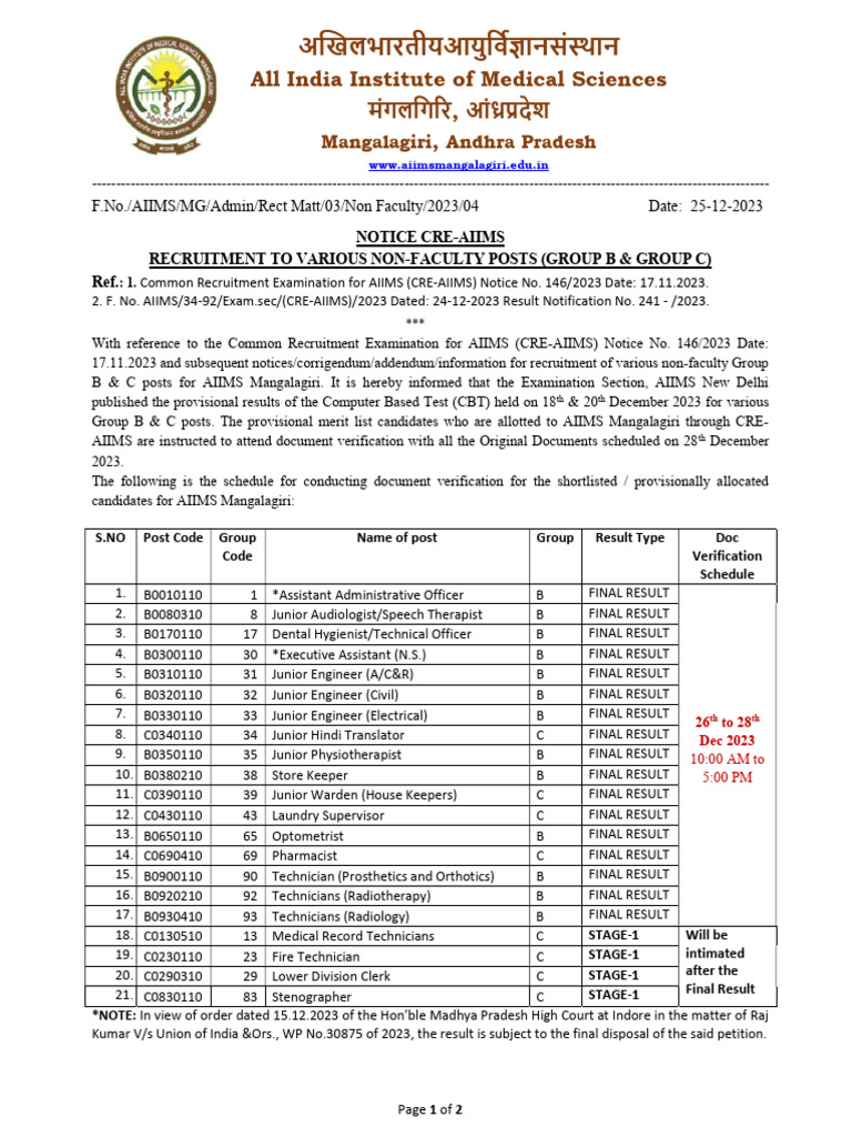 Notice CRE AIIMS Document Verification 25.12.23 | PDF | Government