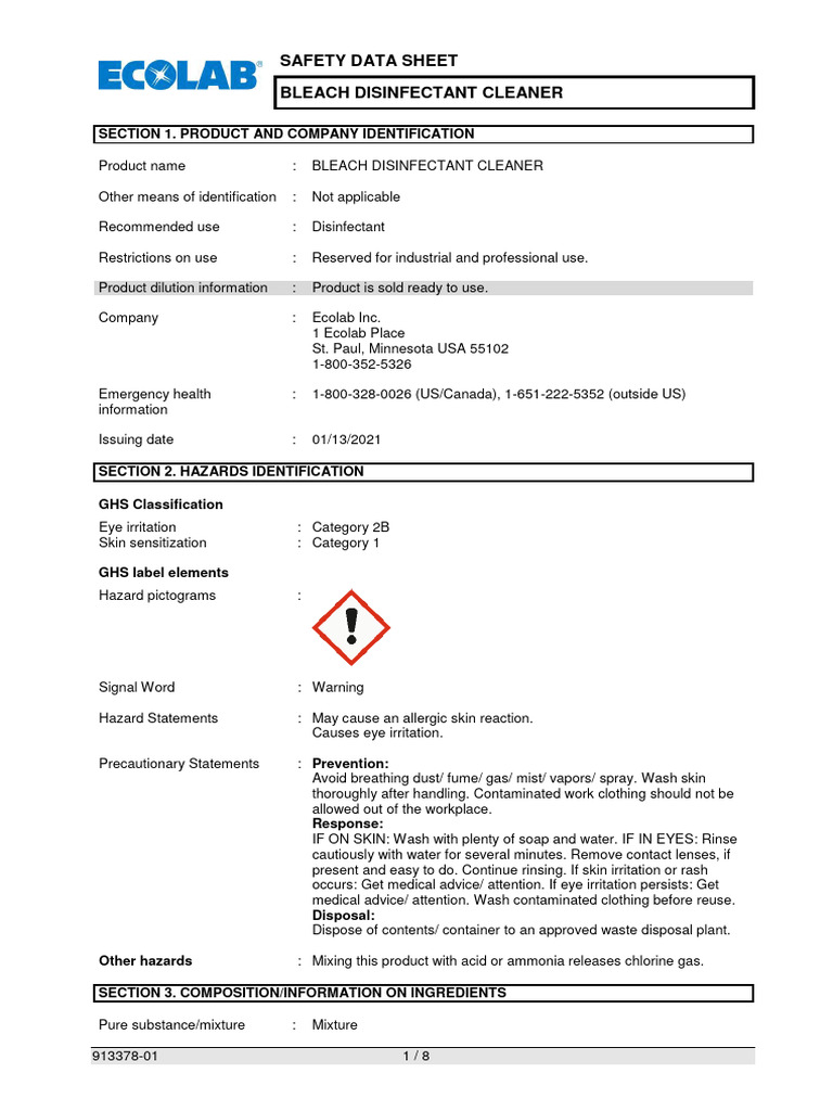 Bleach Disinfectant Cleaner | PDF | Dangerous Goods | Toxicity
