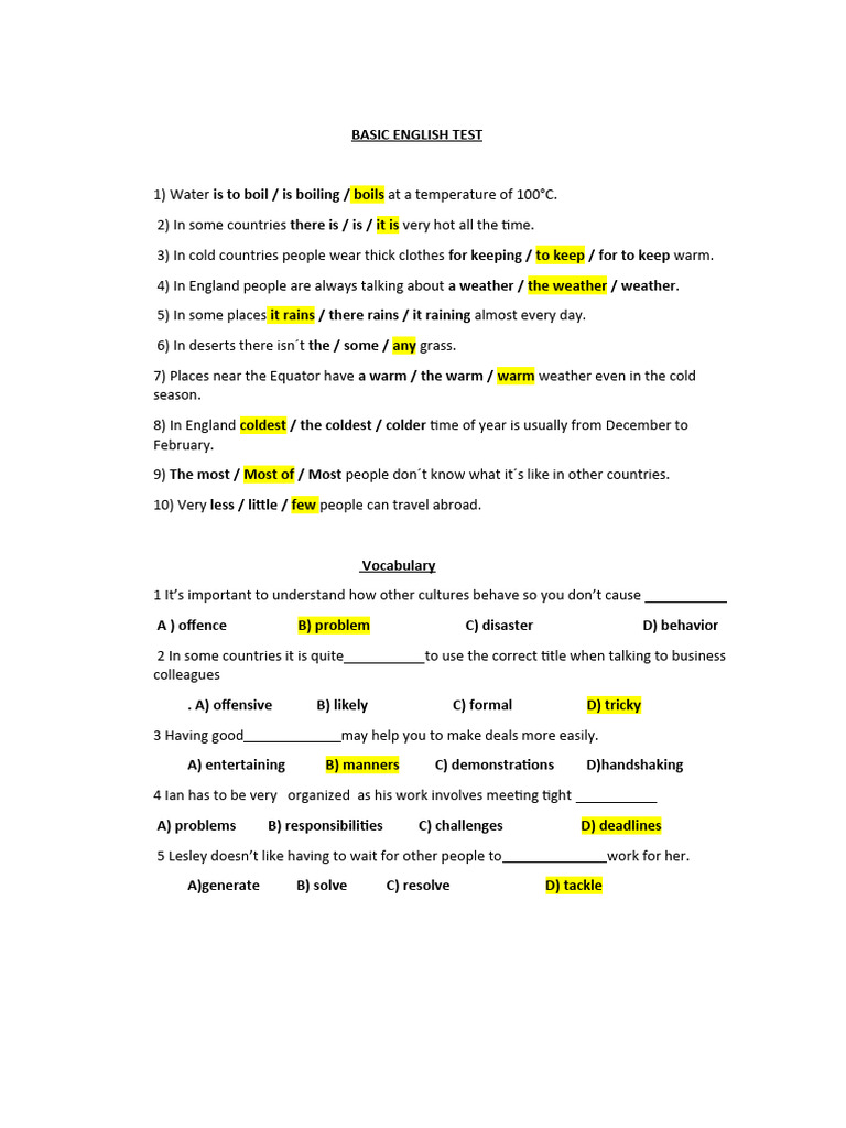 BASIC ENGLISH TESTy | PDF