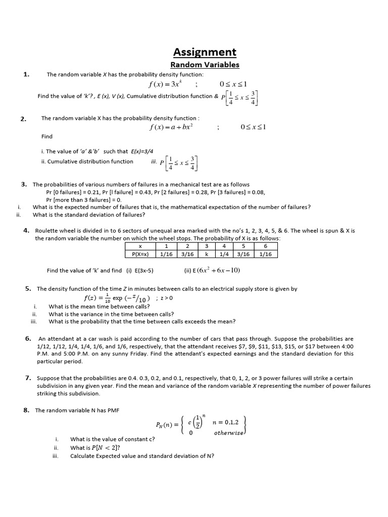 Assignment On Random Variables and Probability Distributions | PDF