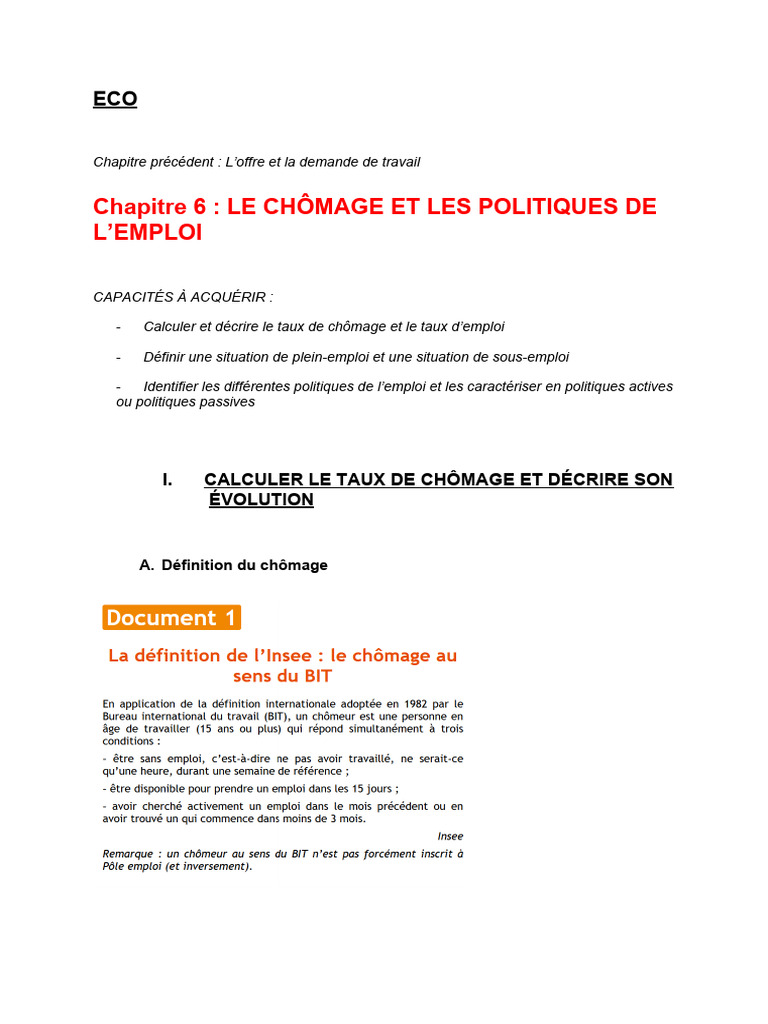 ECO Chapitre 6 LE CHÔMAGE ET LES POLITIQUES DE L’EMPLOI | PDF