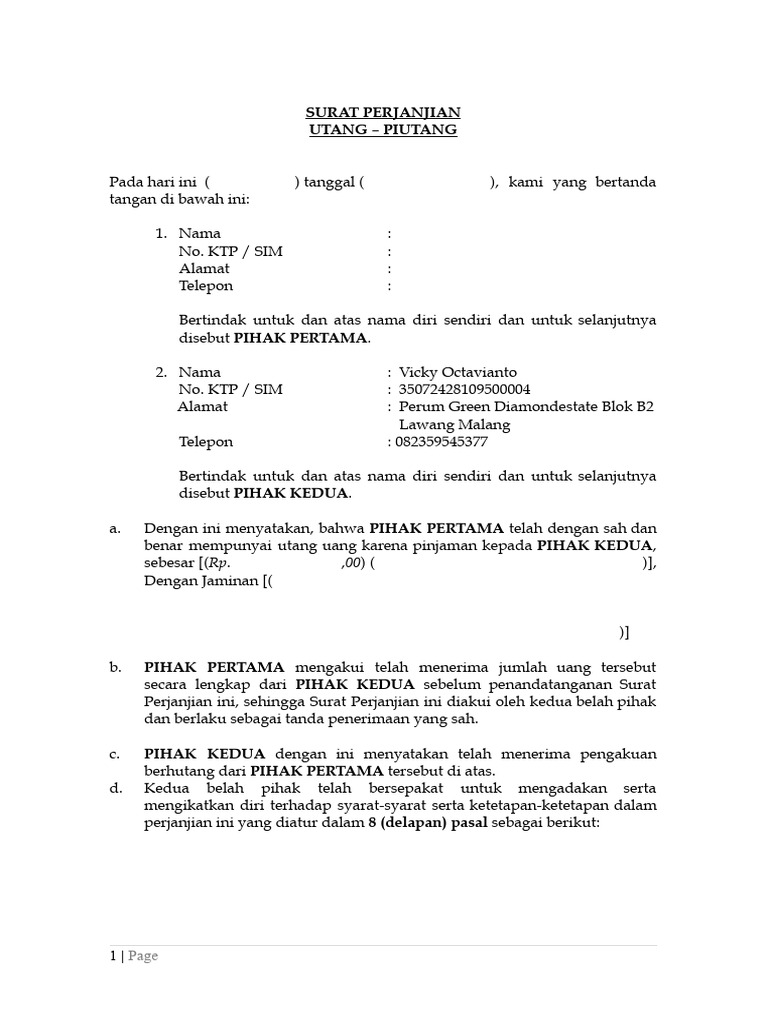Contoh Surat Perjanjian Utang Piutang FH UII | PDF