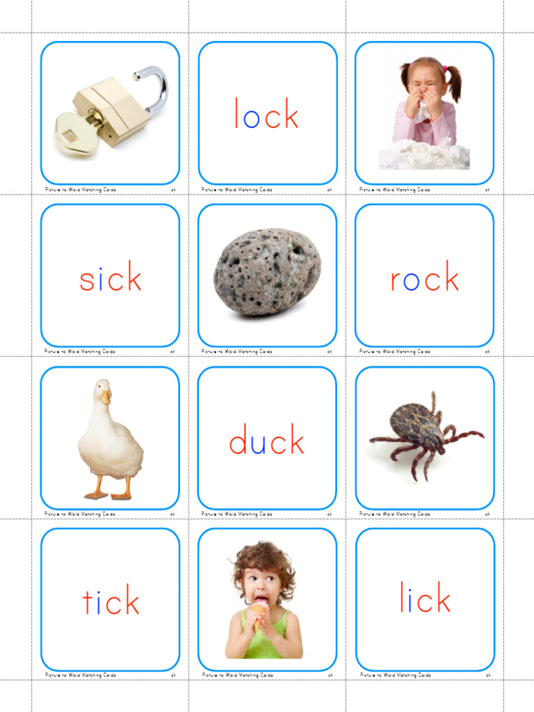 Blue Reading Picture To Word Matching Cards | PDF
