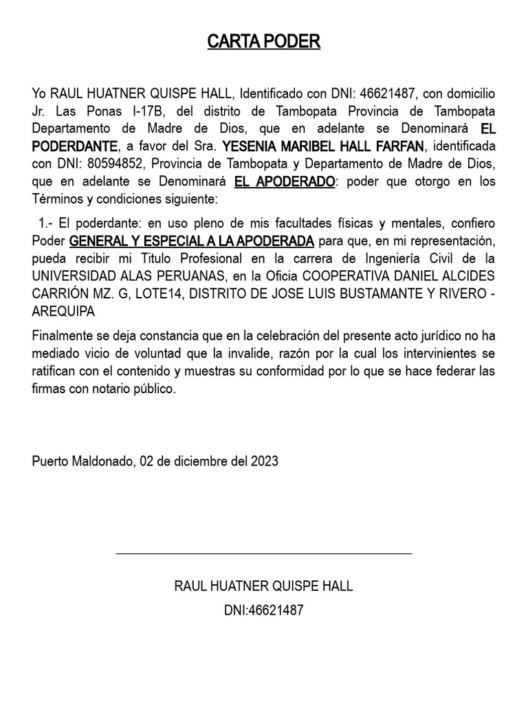 Carta Poder para Representación Legal | PDF | Política | Derecho