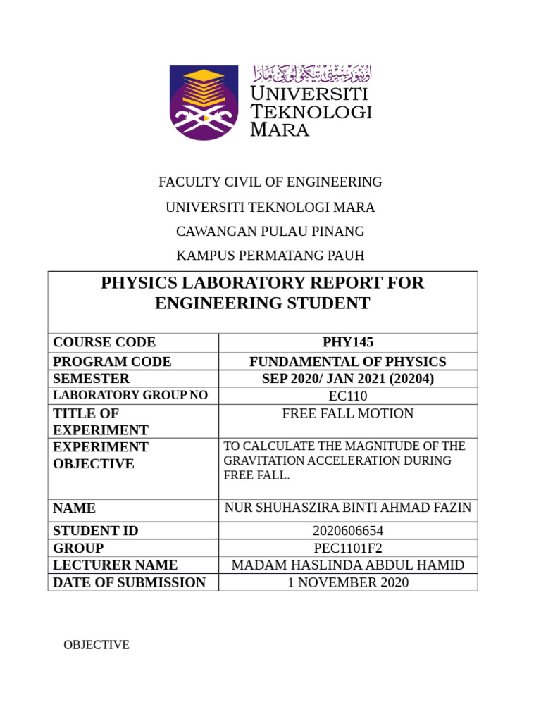 LAB_REPORT_FREE_FALL_MOTION.docx | PDF | Velocity | Gravity