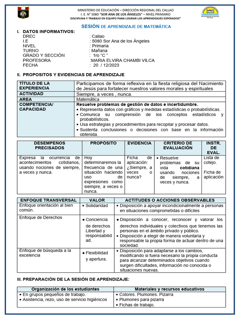 Sesion Siempre A Veces, Nunca | PDF | Aprendizaje | Evaluación