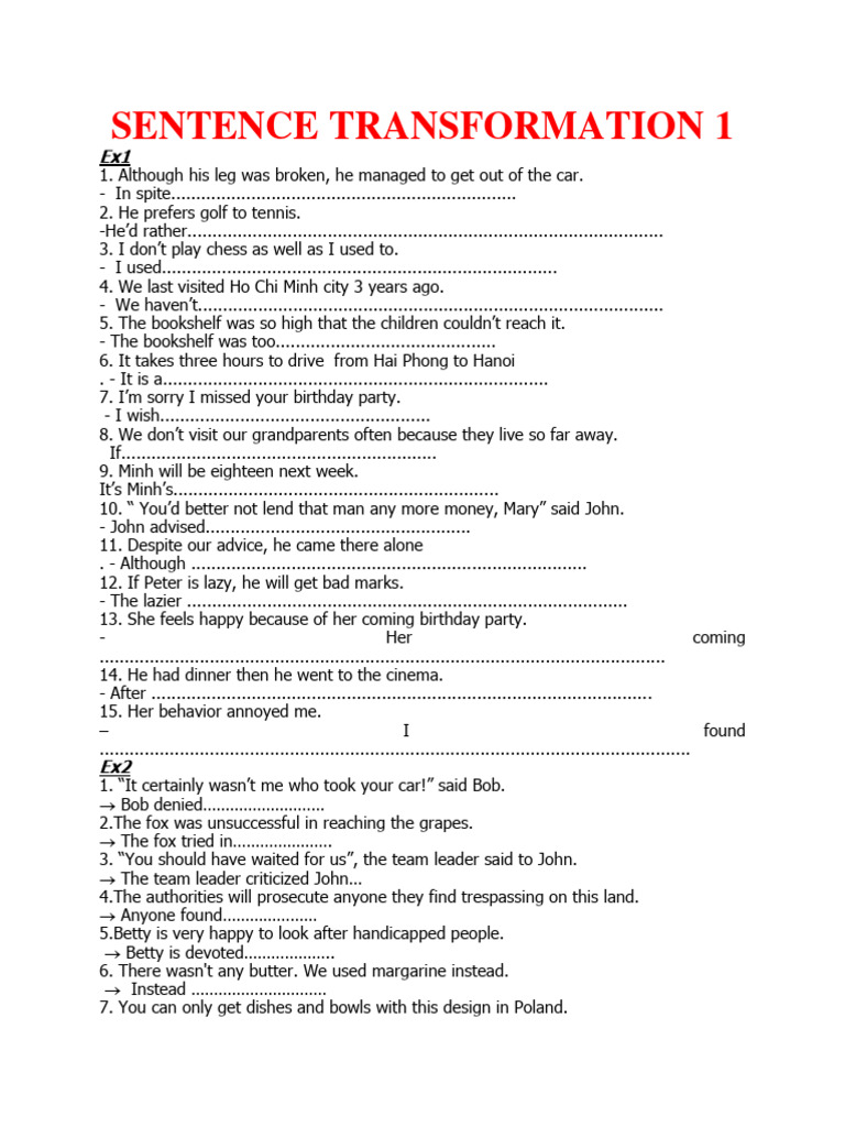 Sentence Transformation | PDF | Games & Activities | Cooking, Food & Wine