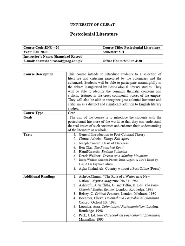 ENG-420 Postcolonial Literature | PDF | Heart Of Darkness | Postcolonialism