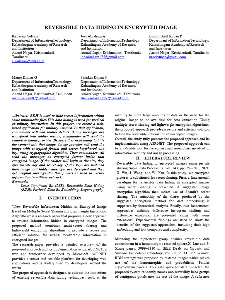 New Reversible Data Hiding - Journal - ASPNET22 123 | Download Free PDF | Cryptography | Encryption