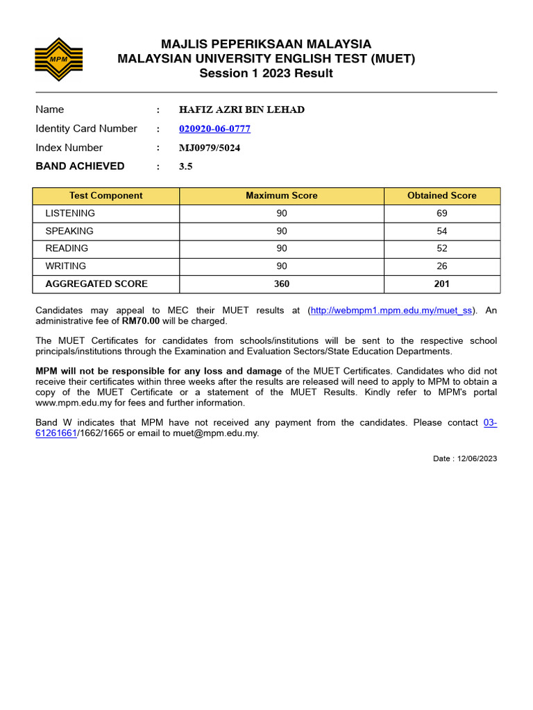 MUET Session 1 2023 Results Released | PDF