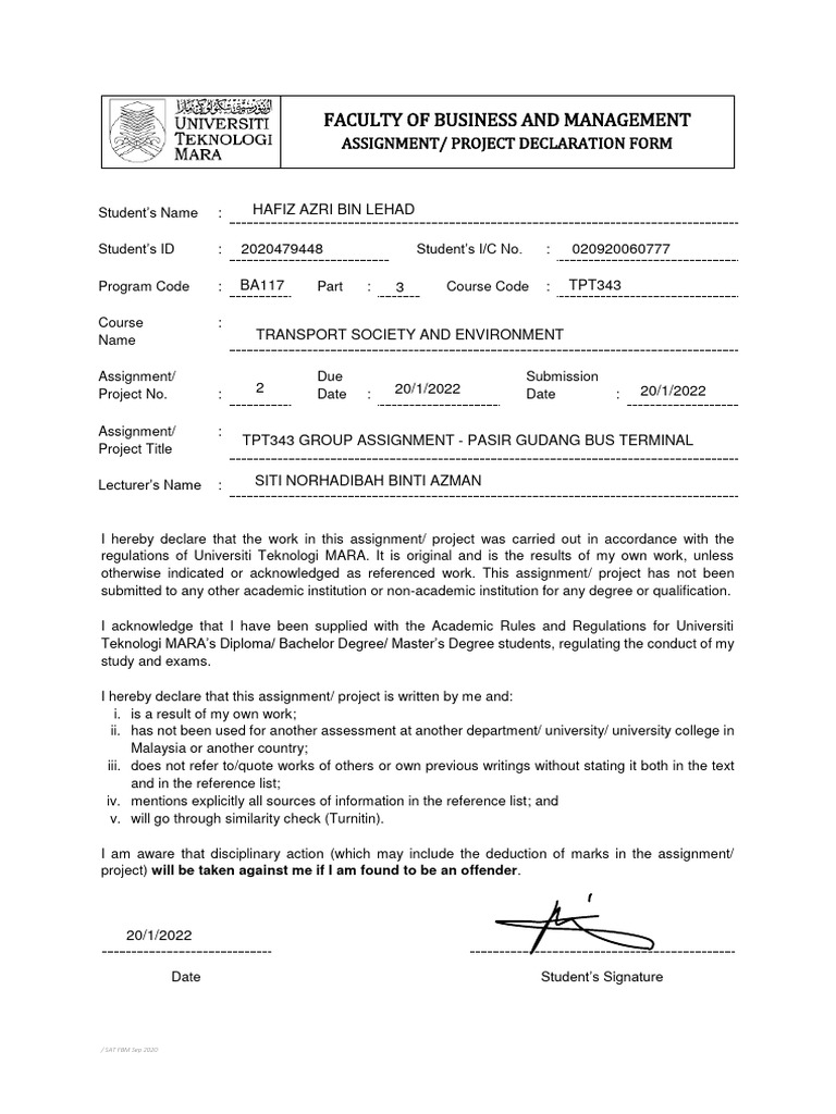 Tpt343 Group Assignment Hafiz Azri Bin Lehad 2020479448 Assignment | PDF