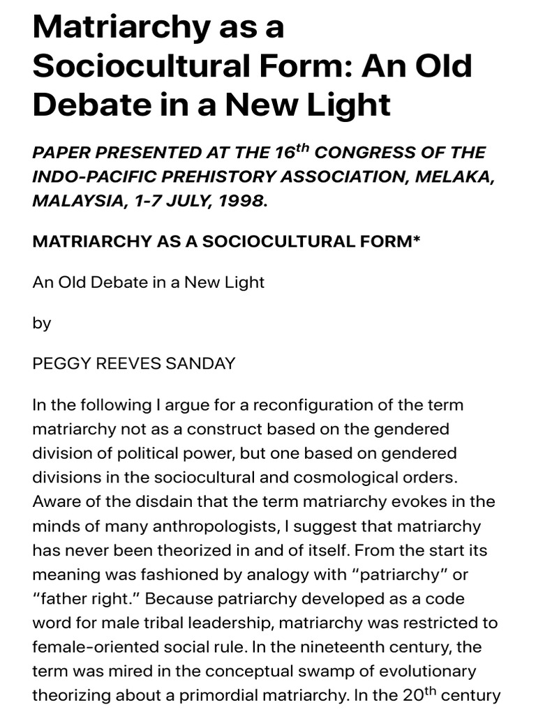 Matriarchy As A Sociocultural Form: An Old Debate in A New Light ...