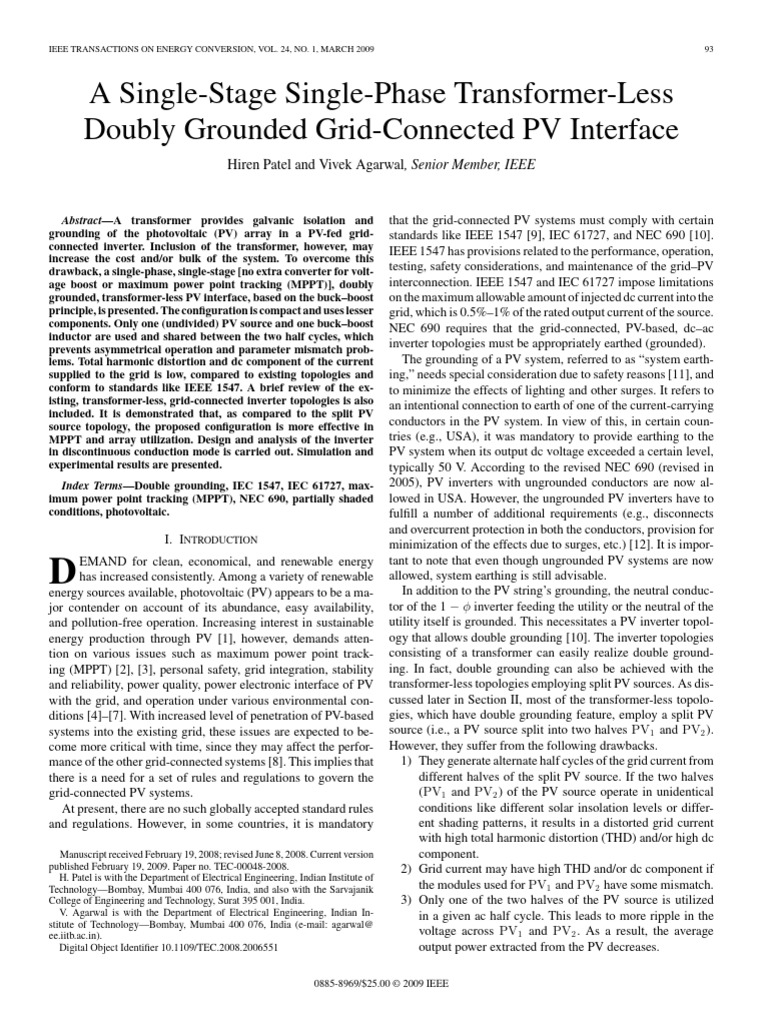 A Single-Stage Single-Phase Transformer-Less Doubly Grounded Grid-Connected PV Interface | PDF ...