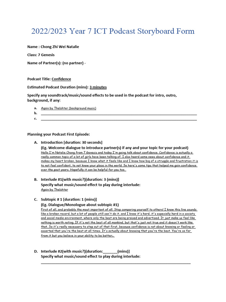 2022 Yr 7 ICT Podcast Storyboard Form 副本 | PDF | Career & Growth
