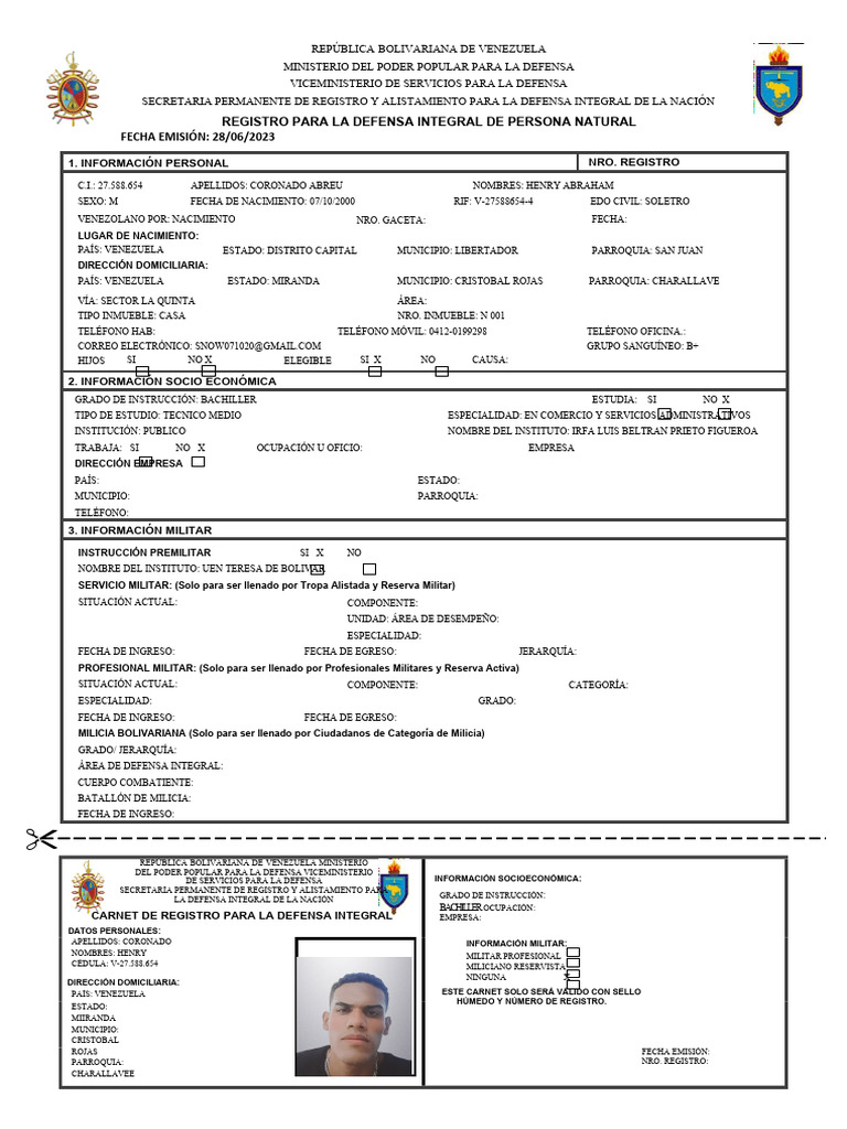 Planilla de Registro Militar Yoelis | PDF