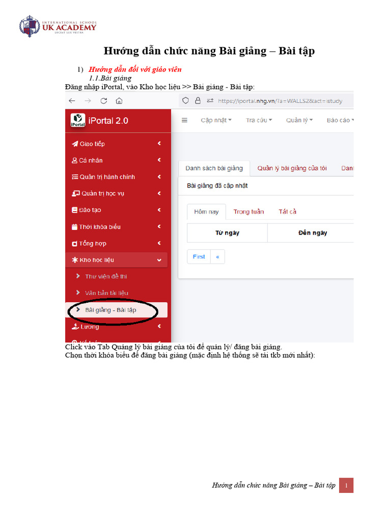 02. Hướng dẫn chức năng Bài giảng-Bài tập iPortal | PDF