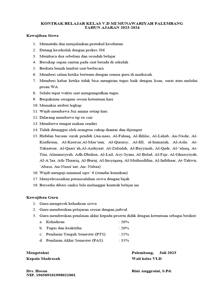 Kontrak Belajar Kelas V D 2022-2023 | PDF