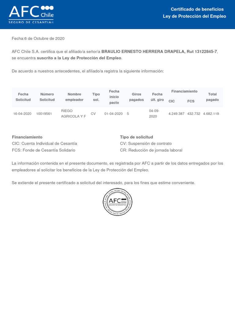 Certificado Beneficio | PDF