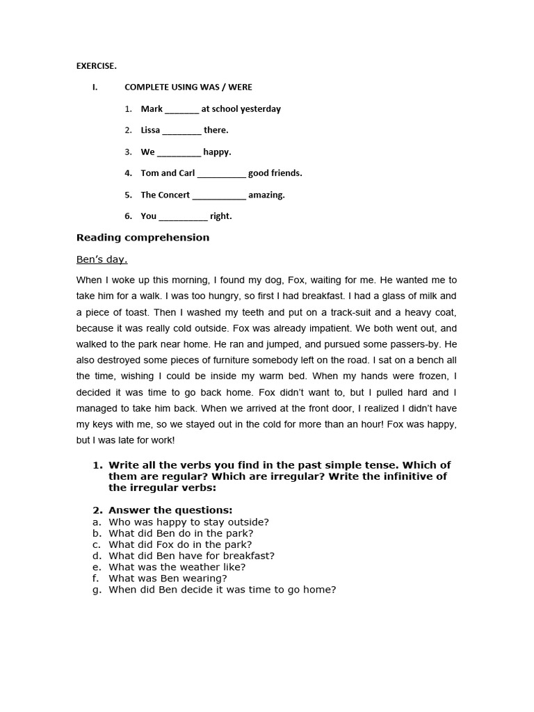 Exercise de Comprensión Lectora en Pasado Simple | PDF
