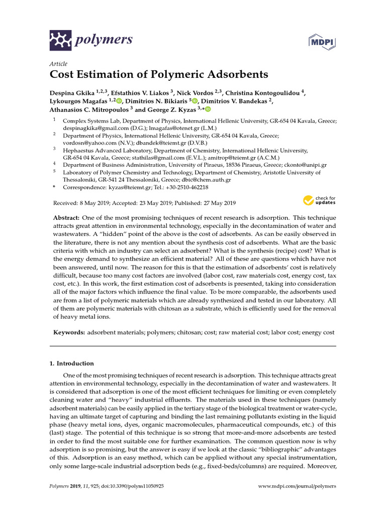 Cost Analysis of Polymeric Adsorbents | PDF | Adsorption | Polymers