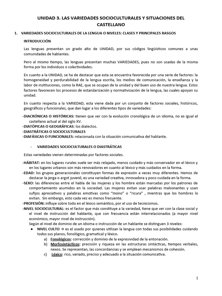 Tema 3. Las Variedades Socioculturales y Situaciones Del Castellano ...