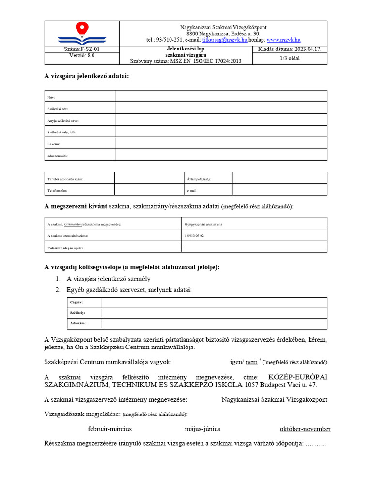 GYA-Jelentkezési Lap NK - 1689743937 | PDF