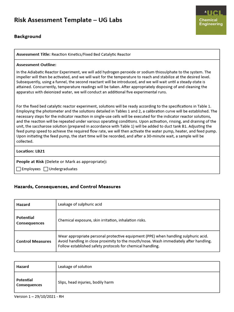 Risk Assessment for Reactor Experiments | PDF | Chemical Reactor | Hazards