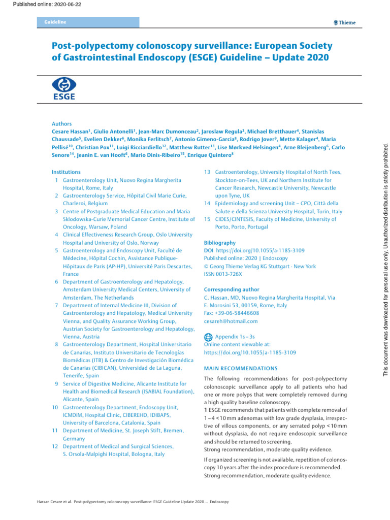 ESGE Post-Polypectomy Guidelines 2020 | PDF | Gastroenterology | Adenoma
