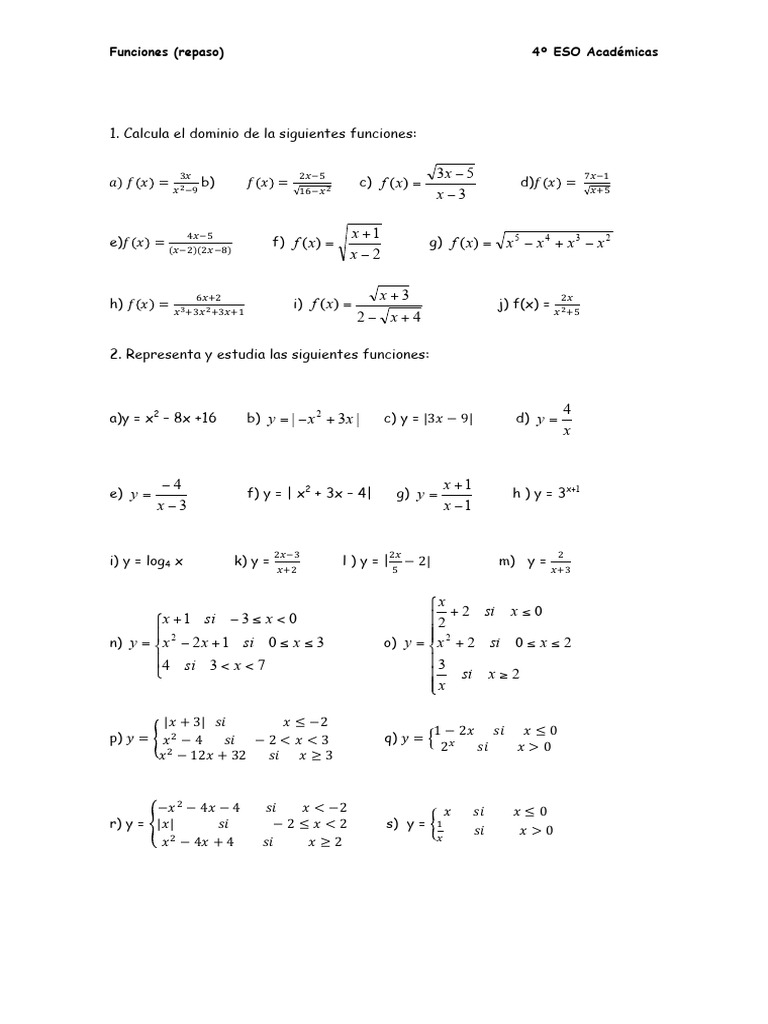 Ejercicios de Repaso Funciones (4º ESO) | PDF