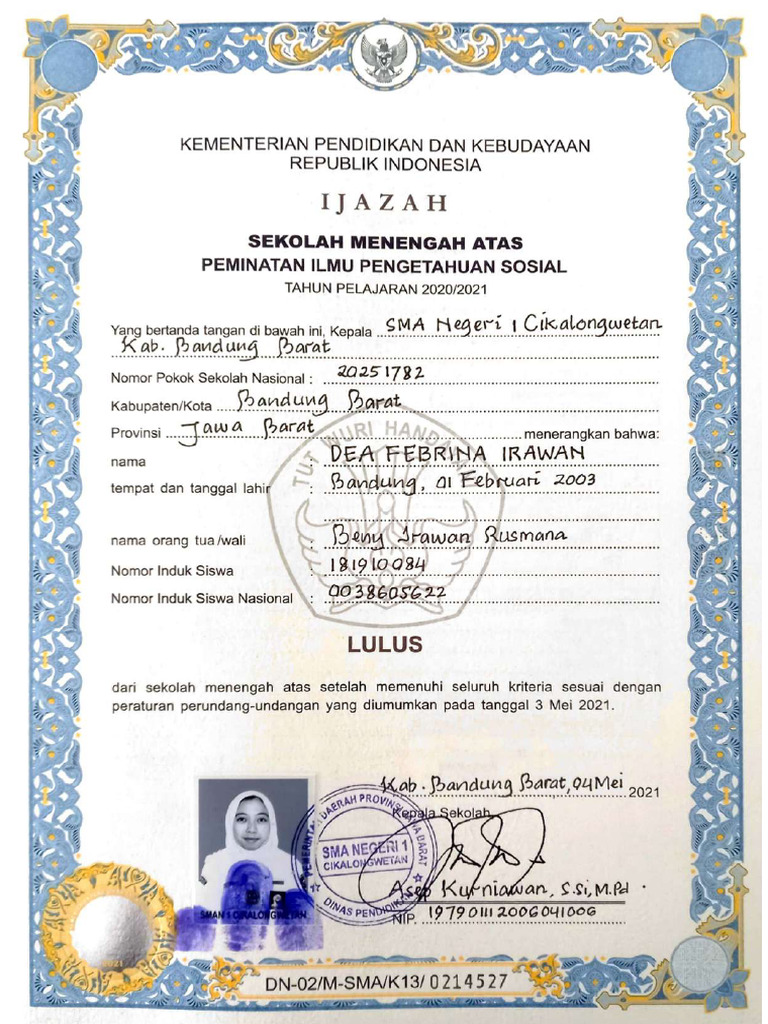 Ijazah Sekolah Mengenah Atas (SMA) | PDF