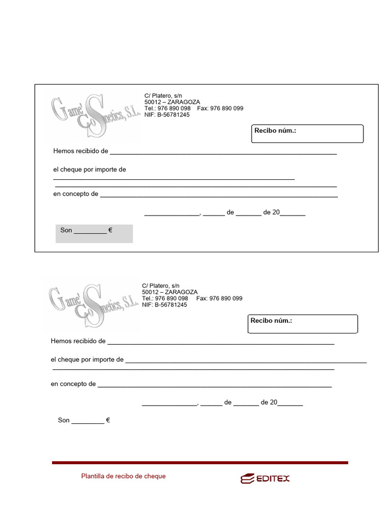 Plantilla Recibo Cheque | PDF | Negocios | Finanzas y dinero