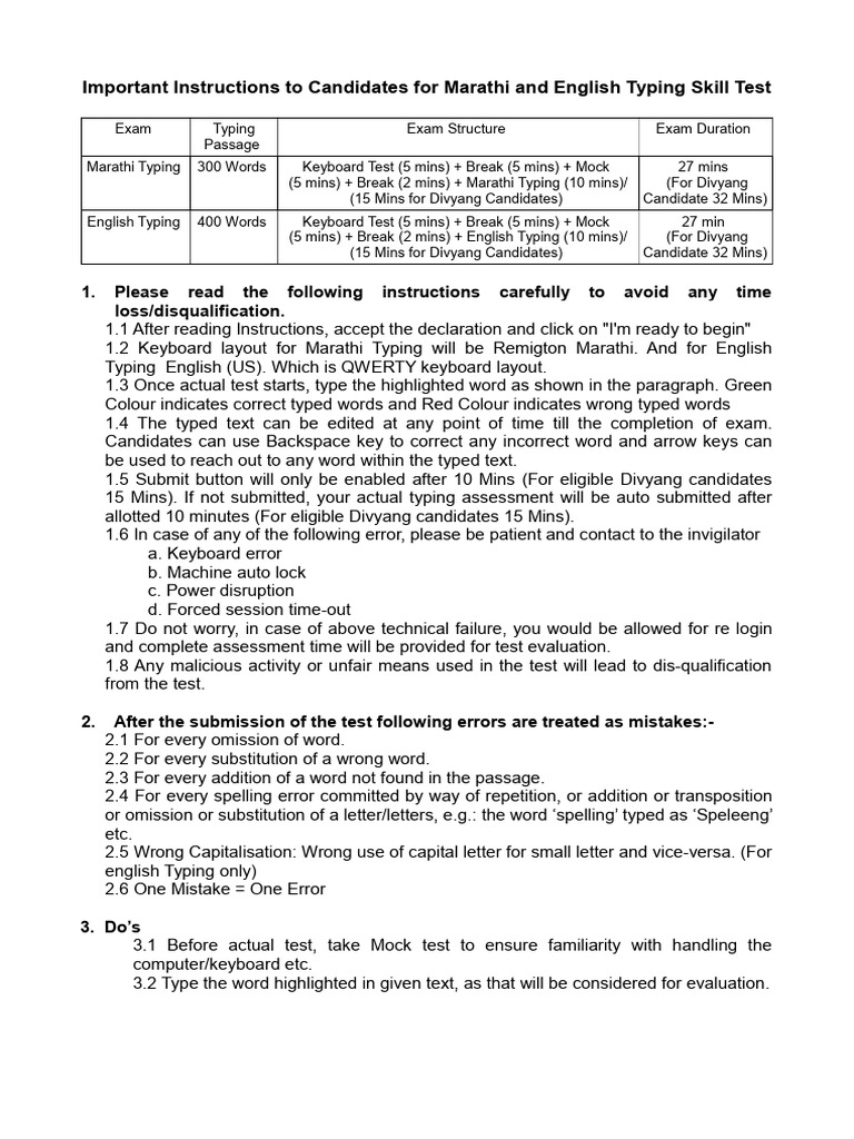 Important Instructions To Candidates For Marathi and English Typing ...