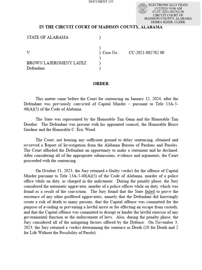 Capital Murder Sentencing Order Alabama | PDF | Wisconsin Circuit Courts | Criminal Procedure