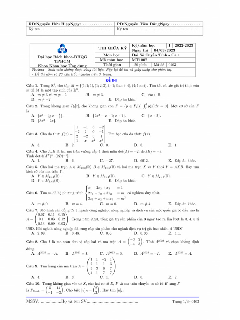 Đề Và Đáp Án Giữa Kỳ K22 | PDF