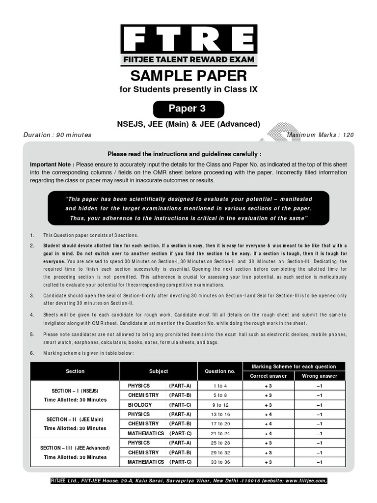 Ftre 2023 Sample Paper Class Ix p3 S&M | PDF | Kinetic Energy ...
