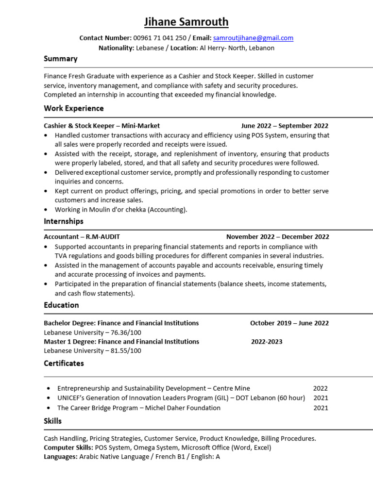 Jihane Samrouth CV | PDF | Point Of Sale | Receipt