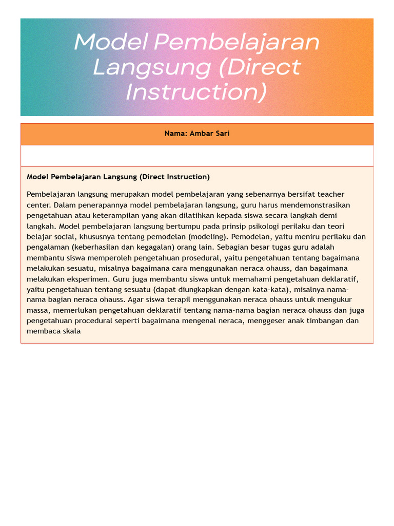 Contoh Model Pembelajaran Langsung | PDF