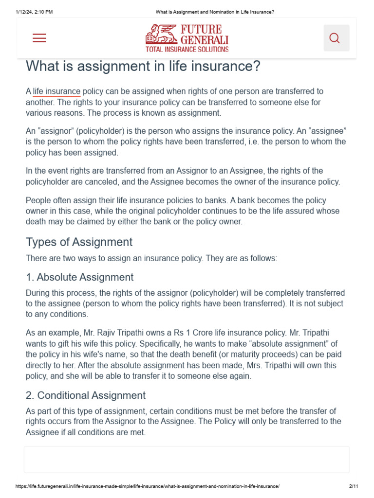 What Is Assignment and Nomination in Life Insurance | PDF | Insurance ...
