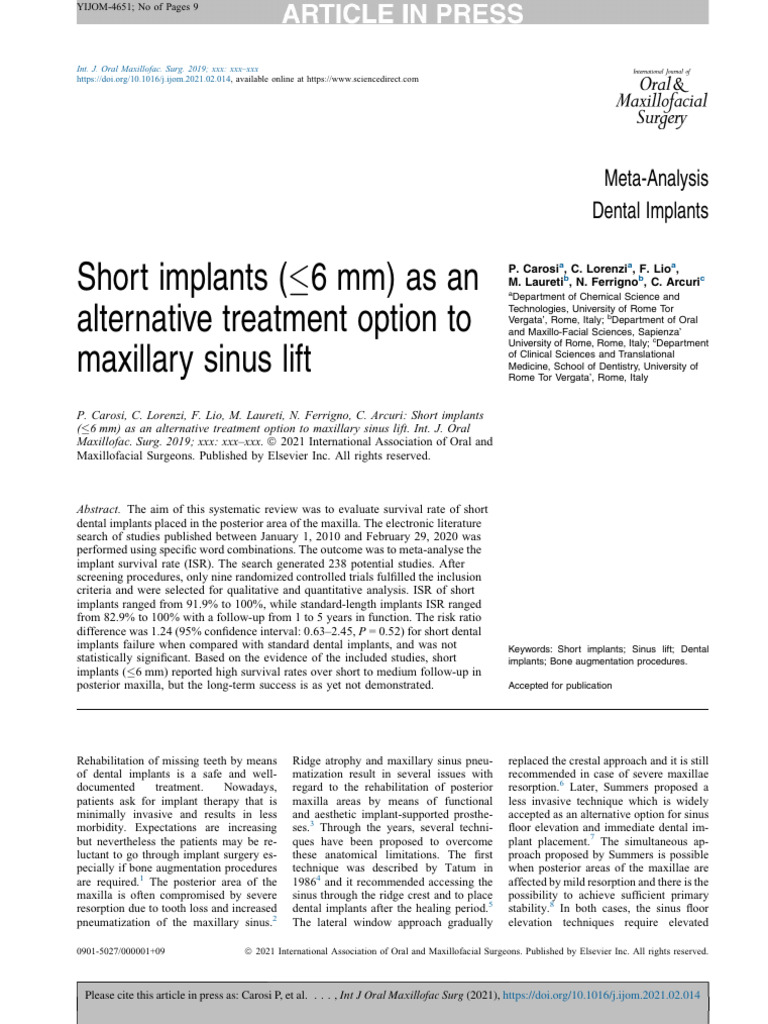 Short Implants ( 6 MM) As An Alternative Treatment Option To Maxillary ...