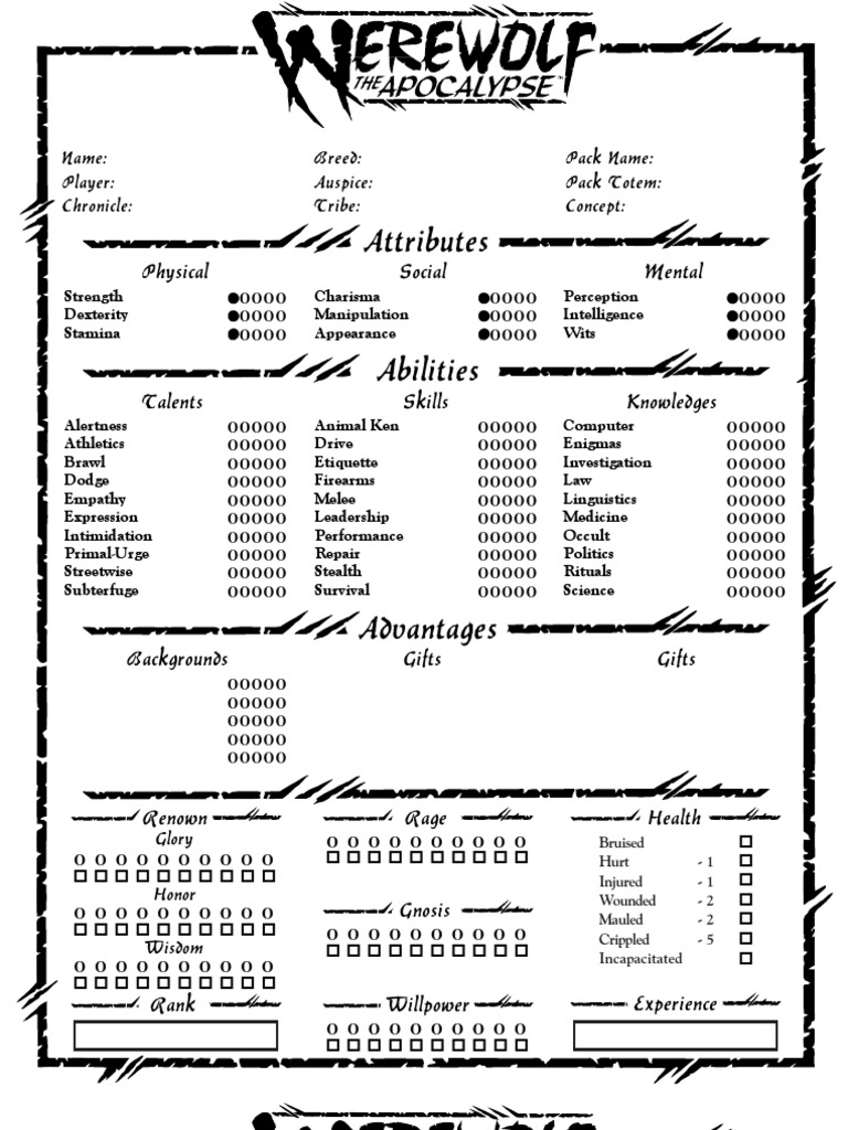 WOD - Werewolf - The Apocalypse - Character Sheet - 2nd Edition